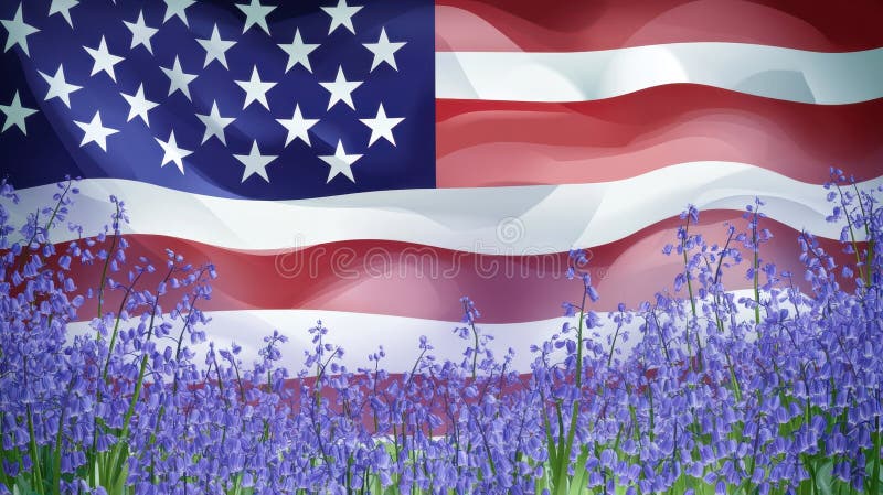 Patriotic American Flag Background with Spring Bluebonnets Stock Image ...