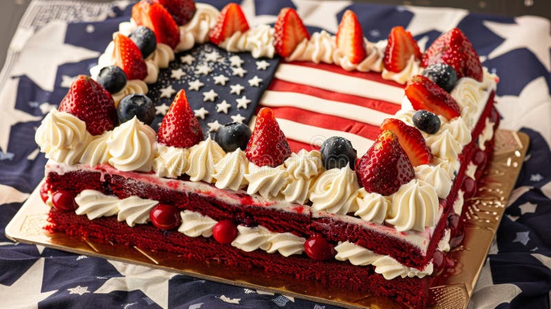 Patriotic American Flag-Themed Layer Cake with Fresh Berries Stock ...