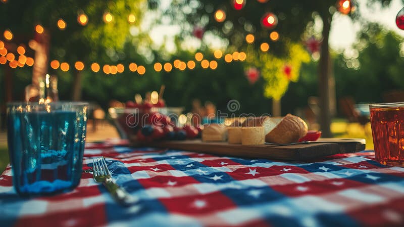Patriotic Backyard BBQ Table Setting, Rustic Style Stock Illustration ...