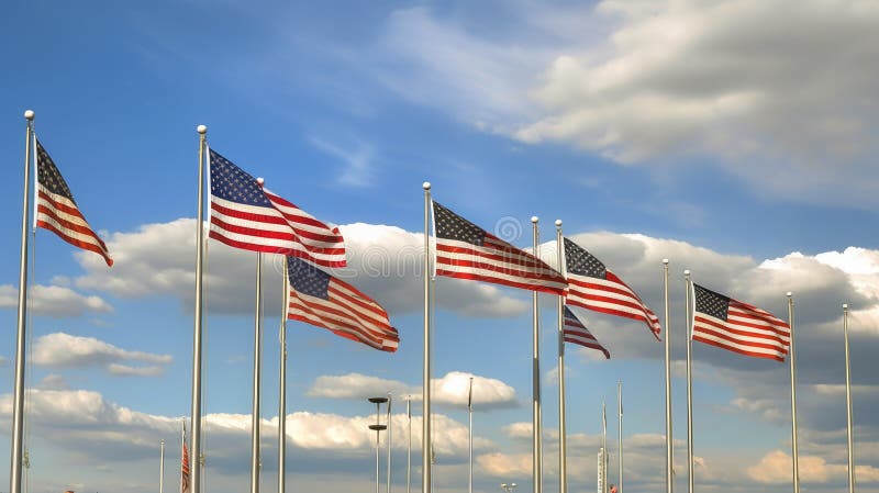 A Row of American Flags Blowing in the Wind Stock Illustration ...