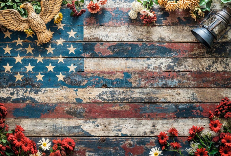 Patriotic Flat Lay Background on Rustic Barn Board with Lanterns and ...