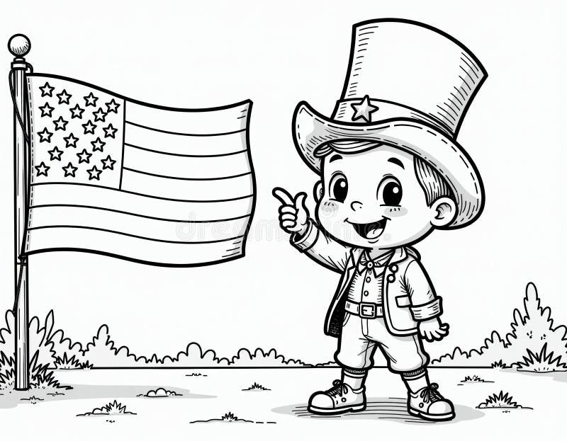Patriotic Little Boy Pointing at American Flag Stock Illustration ...