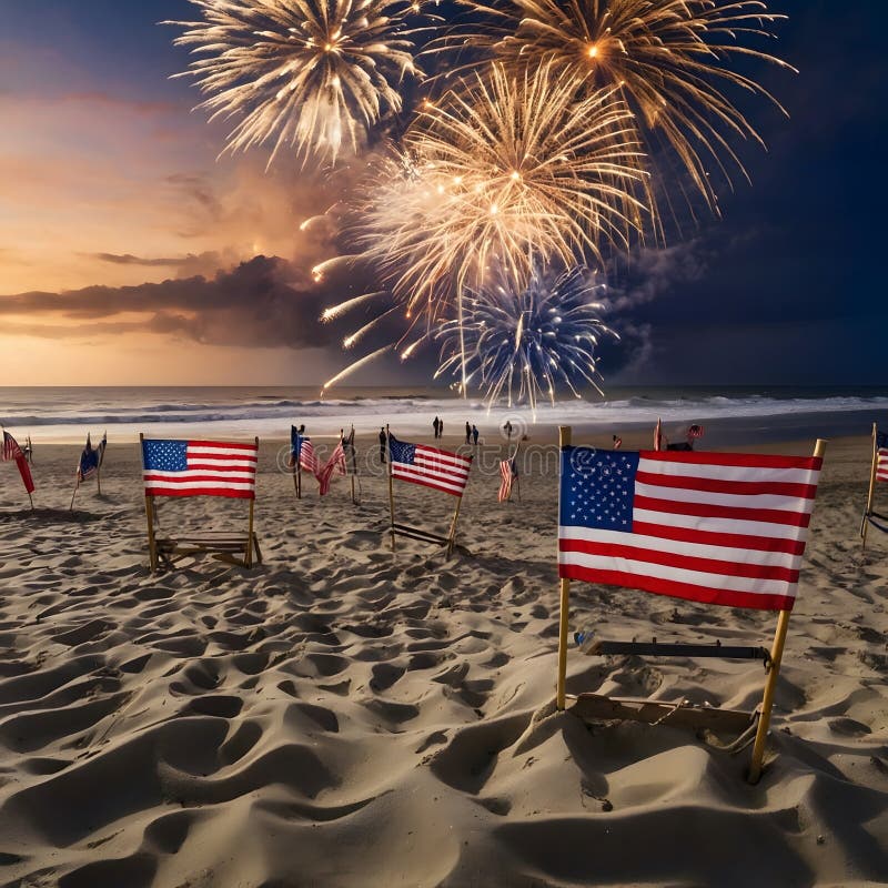 American Flags and Fireworks Lighting Up the Beach for Fourth of July ...