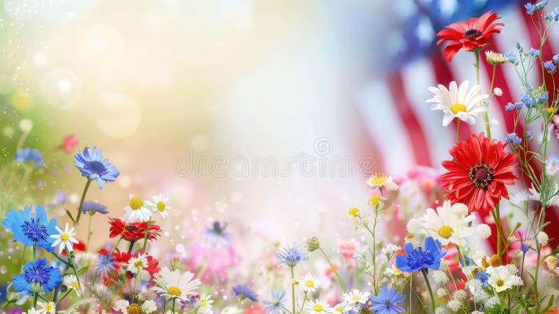 Patriotic Spring Bloom: American Flag and Wildflowers Background Stock ...