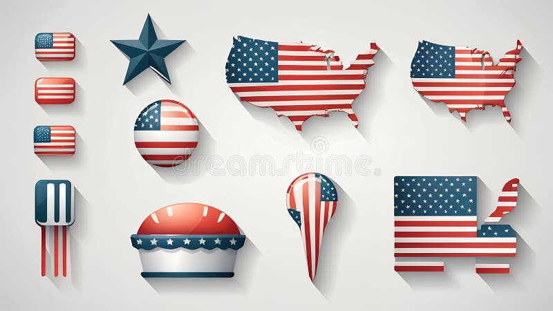 Patriotic Symbols Featuring American Flags Star and Map on a White ...