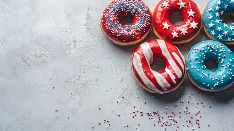Patriotic-Themed Donuts with Red, White, and Blue Icing on Textured ...