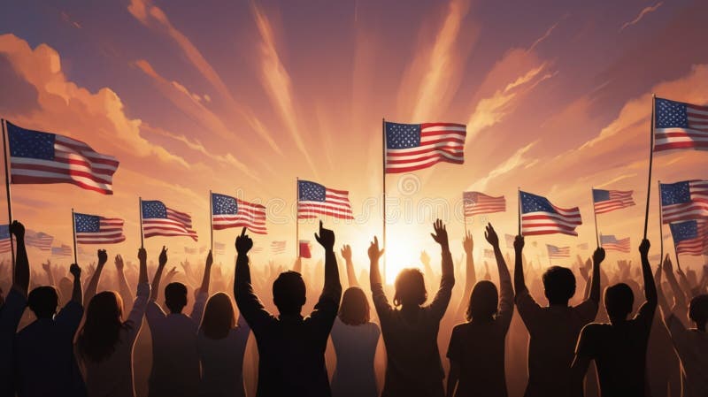 Patriotic Unity: Silhouetted Crowd Waving American Flags at Sunset in ...