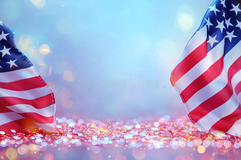 Patriotic USA Flags Waving with Soft Focus Background and Sparkling ...