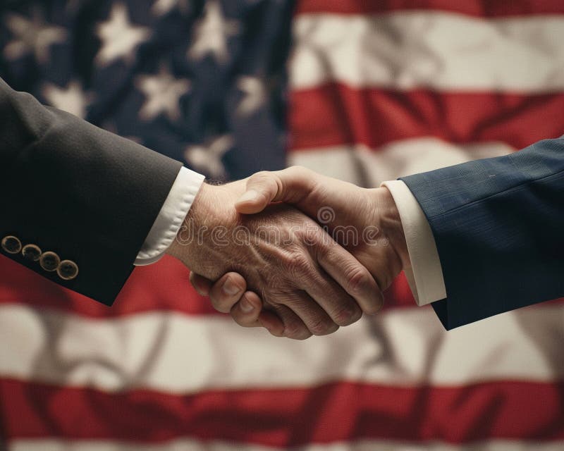 Patriotism in Handshake, Unity Concept, Medium Shot, Flag Backdrop ...