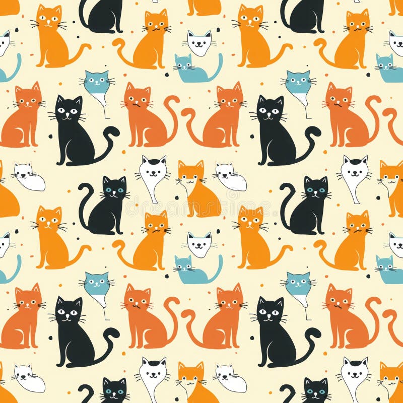 Colorful Cat Pattern, Cartoon Style Stock Illustration - Illustration ...