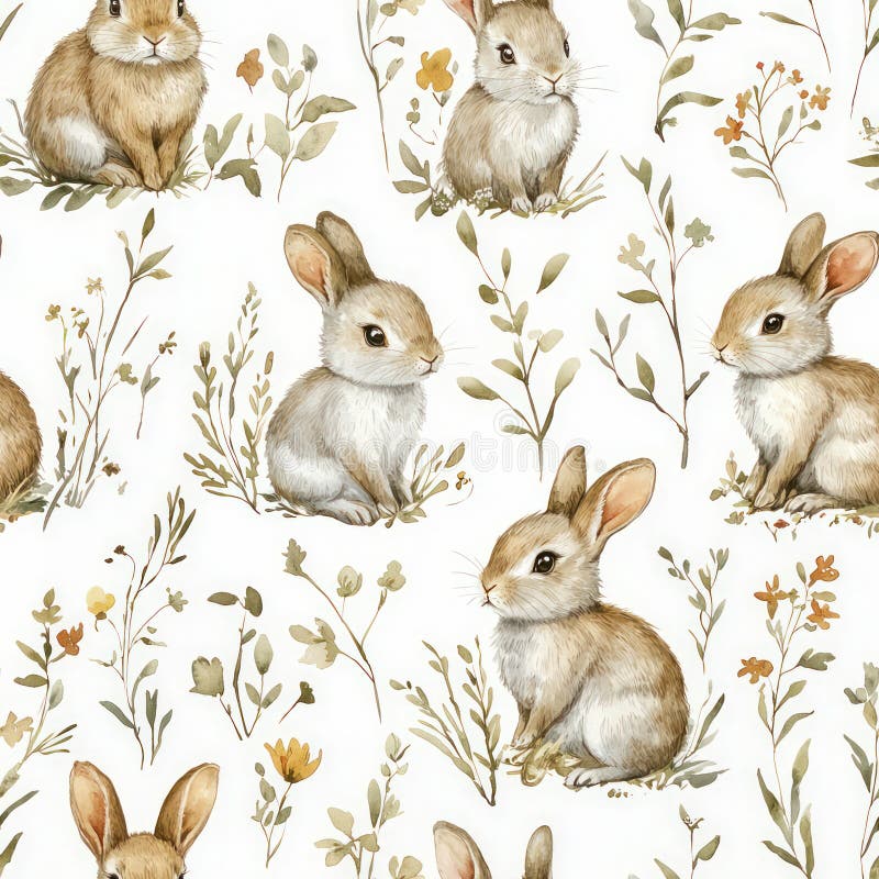 Pattern of Adorable Rabbits with Delicate Botanical Elements on a White ...