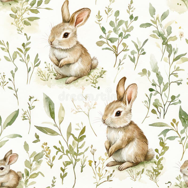 Pattern of Adorable Rabbits with Delicate Botanical Elements on a White ...