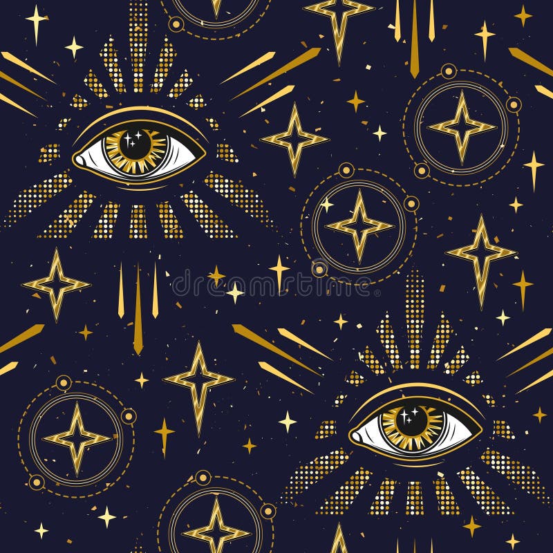 Pattern with All Seeing Eye, Golden Stars Stock Vector - Illustration ...