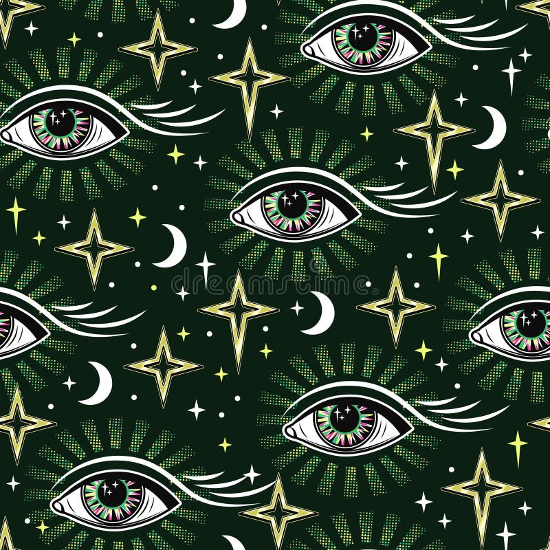 Pattern with All Seeing Eye, Stars, Crescent Stock Illustration ...