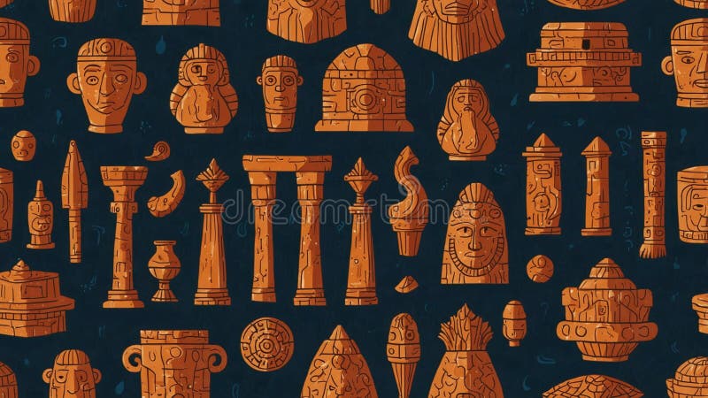 Pattern of Ancient Artifacts and Statues in Vibrant Illustration on ...