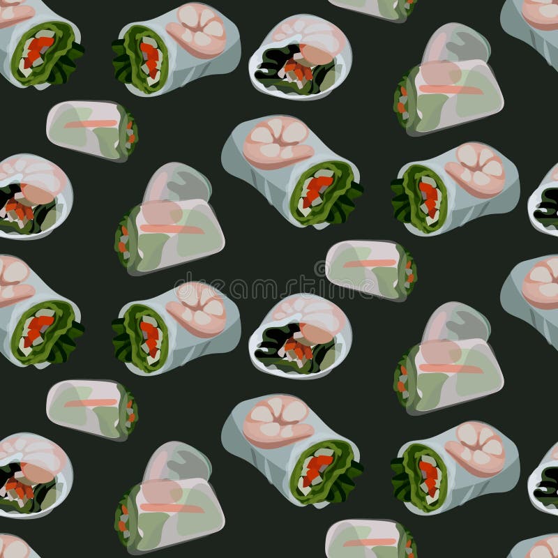 Pattern of Asian Spring Rolls with Shrimp in Chaos. Seamless Pattern ...