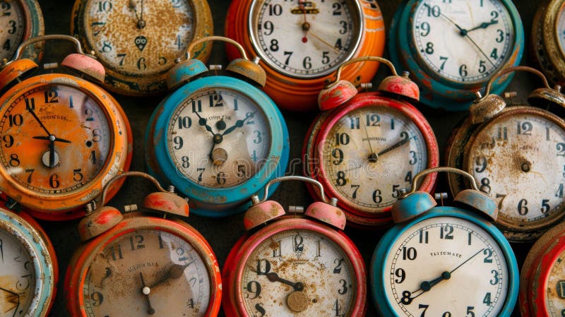 Pattern of Assorted Vintage Alarm Clocks with Rustic Appeal Stock Image - Image of design, alarm ...
