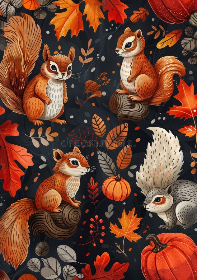 Pattern of Autumn Animals, Such As Squirrels and Owls, Amidst a ...