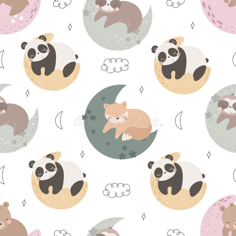 Seamless Pattern with Cute Sloth, Panda, Fox, Decor Elements. Simple ...