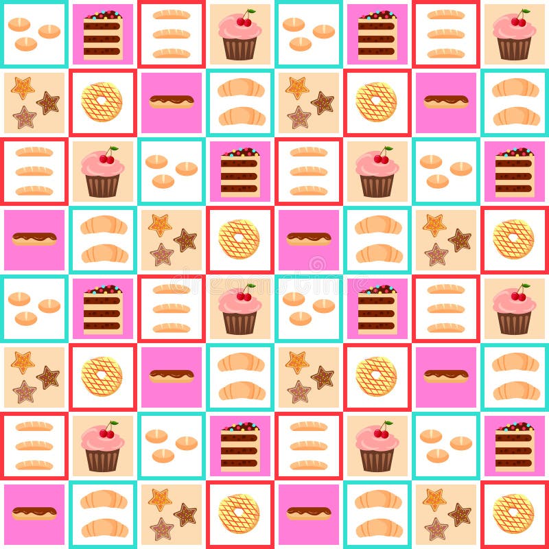 Pattern with Baked Goods. Colored Square Blocks with Illustration. Buns ...