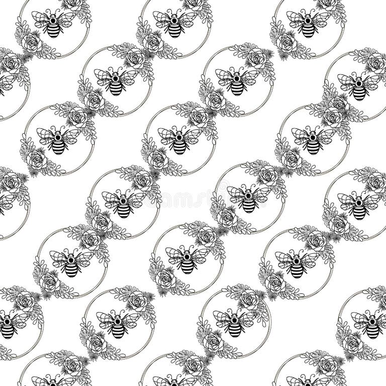 Pattern with Bee. Bee with Floral Frame. Pattern for Textile Design ...