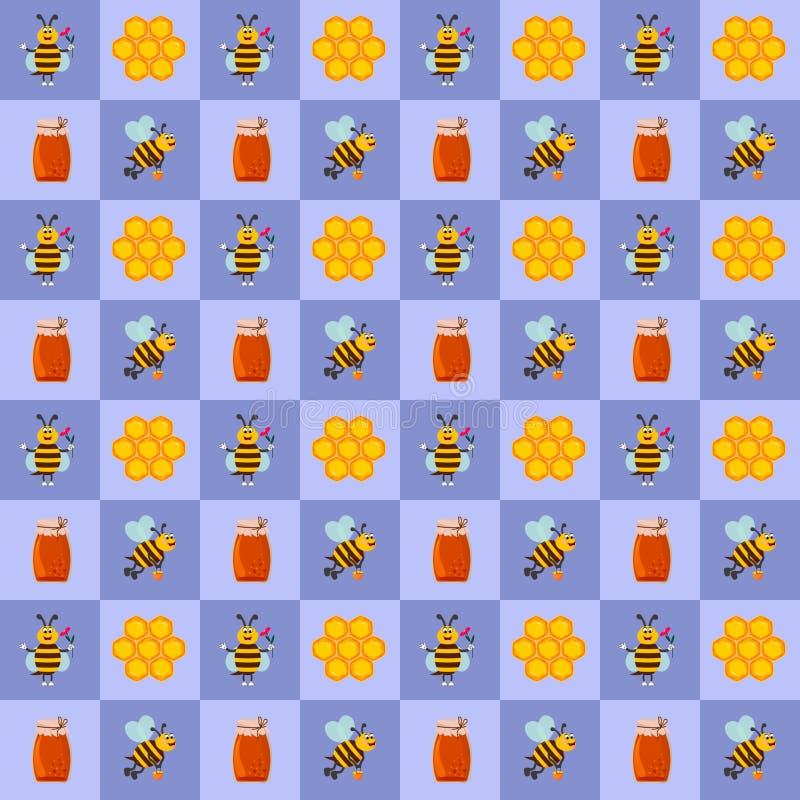 Pattern with Bees. Honey in a Jar, Honeycomb. Cheerful Bees are Flying ...