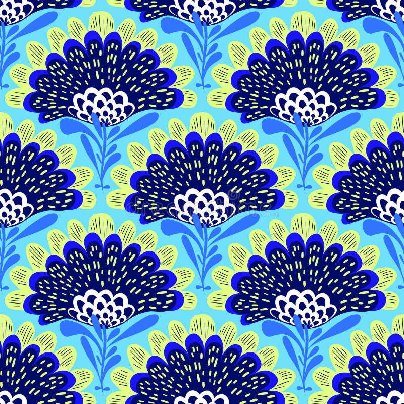 Pattern with Big Blue Flowers in Damask and Turkish Style Stock ...