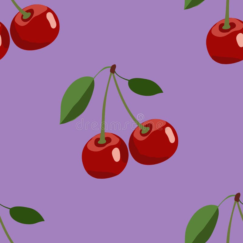 Pattern of Big Red Cherry with Leaves on Purple Background Stock ...