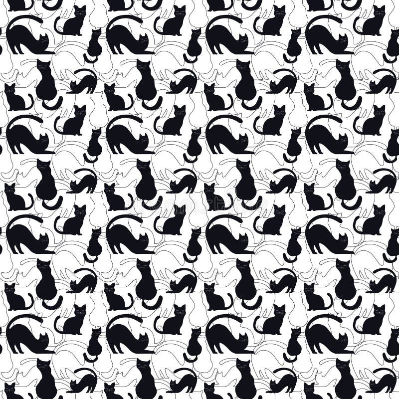 Pattern with Black Cats and Stroke. Vector. Cartoon Style. Stock Vector ...