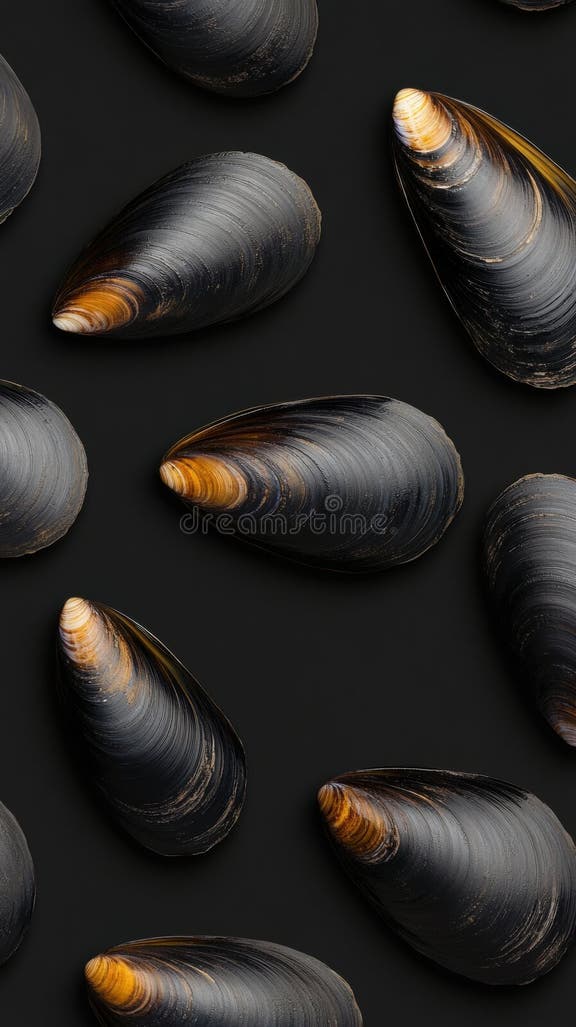 Pattern of Black Mussel Shells on Dark Background in Minimalistic ...
