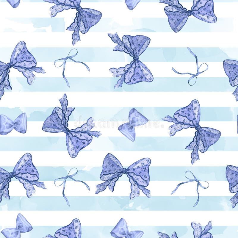 Pattern with Blue Bows 2. Watercolor Illustration. Seamless Pattern ...