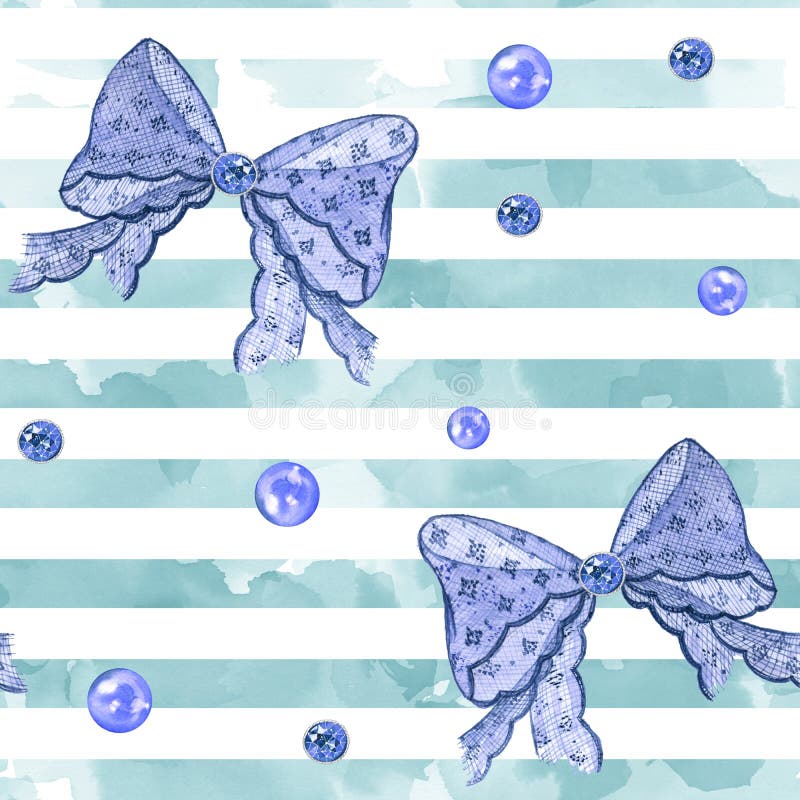 Pattern with Blue Bows 1. Watercolor Illustration. Seamless Pattern ...