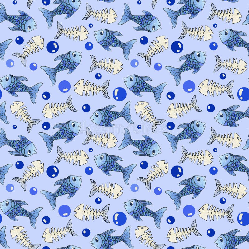 Pattern of Blue Fish and Fish Skeleton. Children`s Watercolor ...