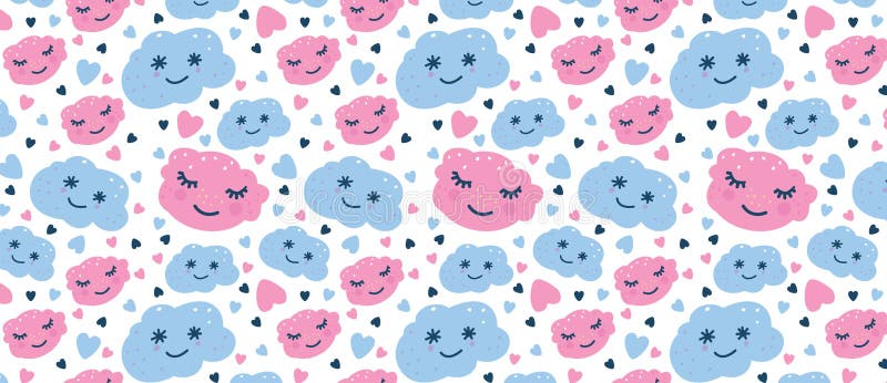 Pattern with Blue and Pink Clouds, Hearts Stock Vector - Illustration ...