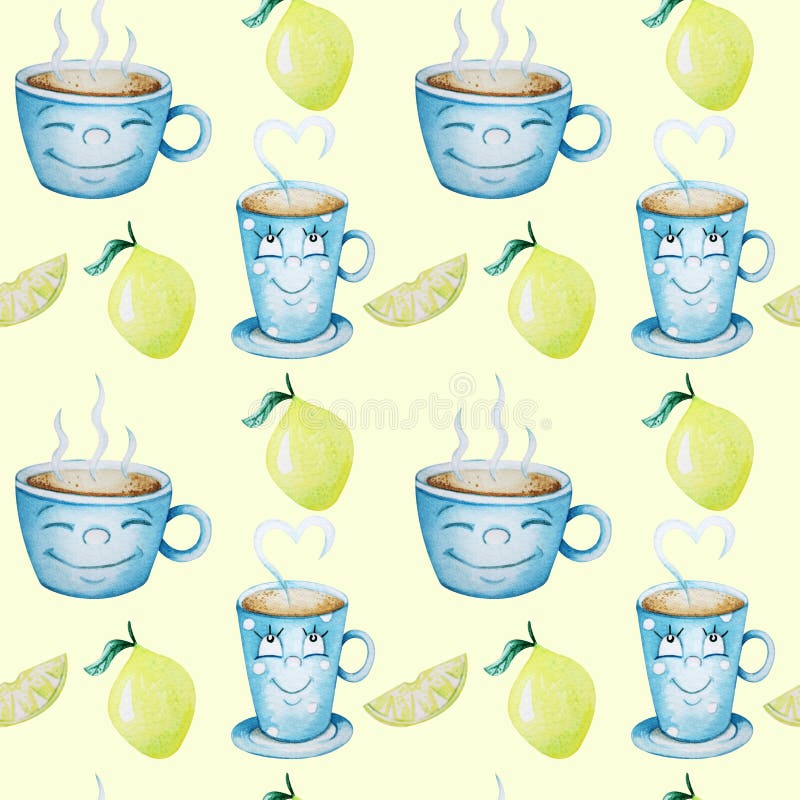 Pattern with Blue Tea Set and Lemon. Watercolor Seamless Pattern. Stock ...