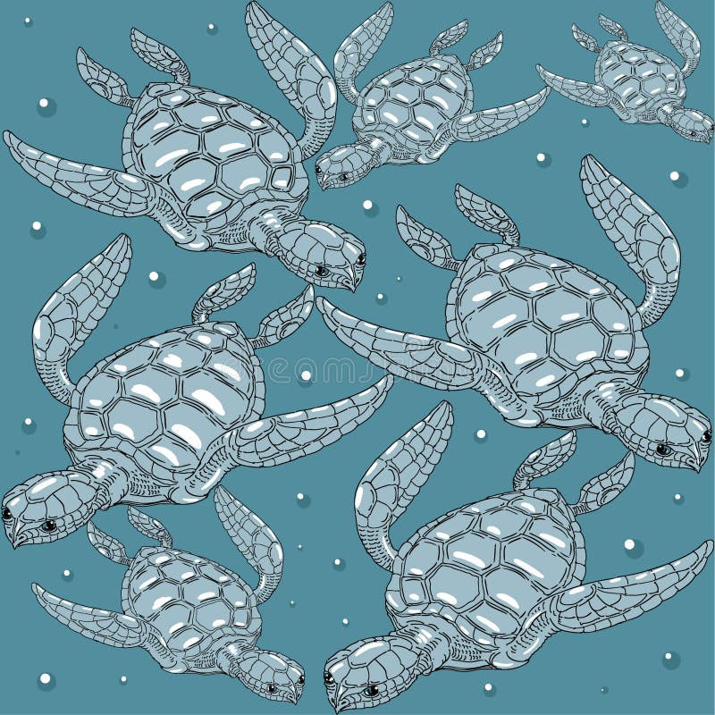 Sea Turtles on the Blue Background Stock Illustration - Illustration of ...