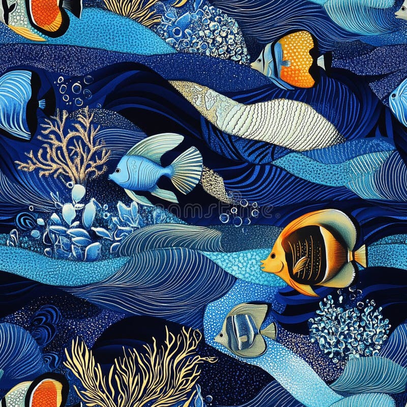 A Pattern of Bold, Simple Outlines and Richly Colored Marine Life Stock ...