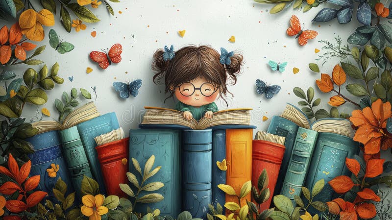 Pattern of Book with Girl, Concept of Learning, Library and Bookstore ...