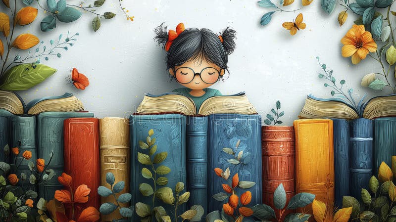 Pattern of Book with Girl, Concept of Learning, Library and Bookstore ...