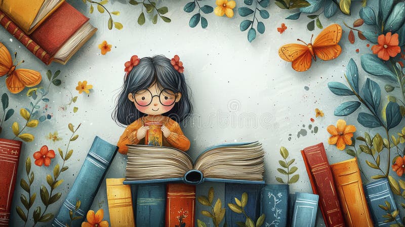 Pattern of Book with Girl, Concept of Learning, Library and Bookstore ...
