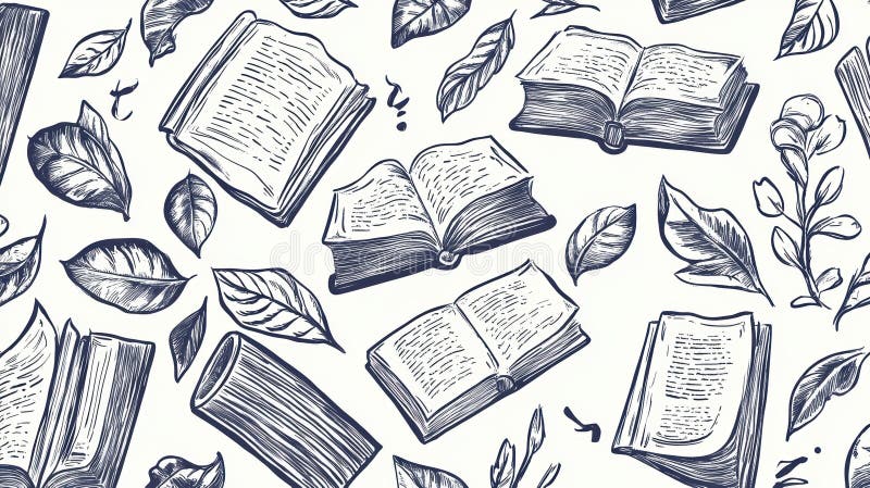 A Pattern of Books and Leaves Stock Illustration - Illustration of ...