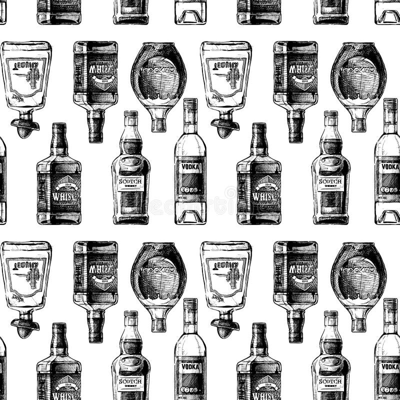 Pattern with Bottles of Alcohol Stock Vector - Illustration of hand ...