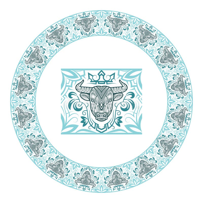 Pattern Brush Element and Round Frame with Ornamental Sacred Cow Face ...