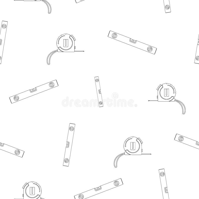 Pattern of Bubble Level and Tape Measure. Linear Design. on a White ...
