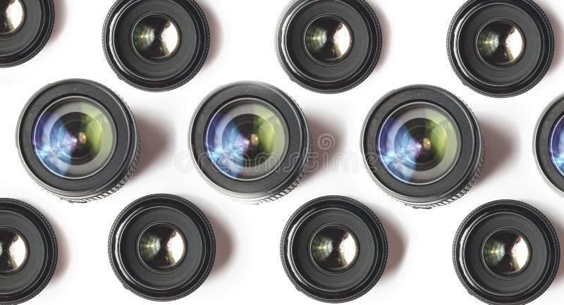 Pattern with Camera Lenses on a White Background. Close-up, Selective ...