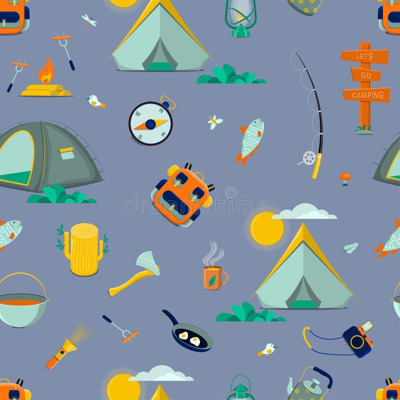 Pattern of Camping Elements. Flat Vector Illustration Stock Illustration - Illustration of ...