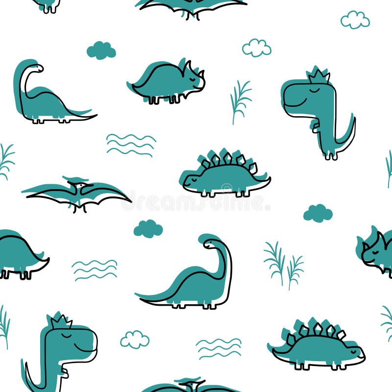 Pattern with Cartoon Dinosaurs. Green Dinosaurs with Black Lines on a ...