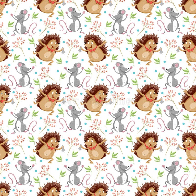Pattern with Cartoon Hedgehog and Mouse, Animals Stock Vector ...