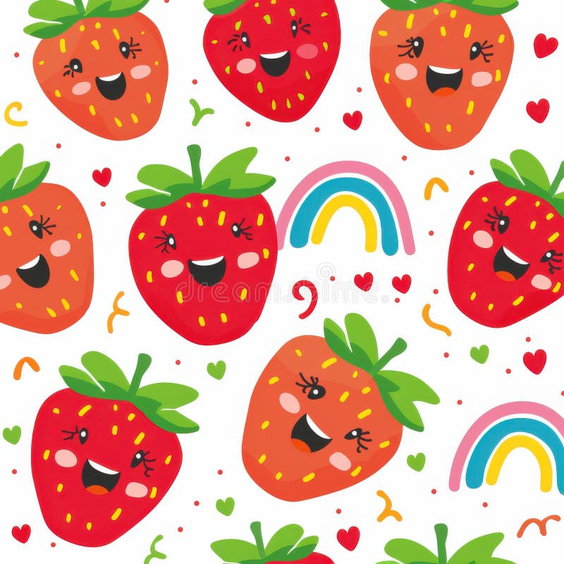 A Pattern of Cartoon Strawberries and a Rainbow Stock Image - Image of ...