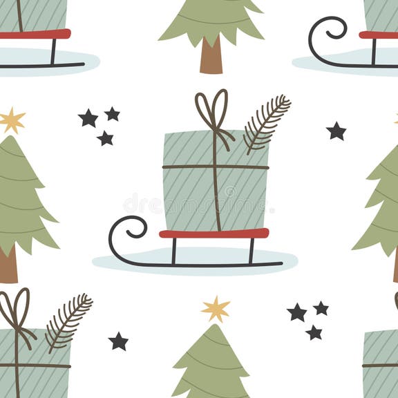 Holiday Seamless Pattern with Cartoon Sled, Present, Christmas Tree ...